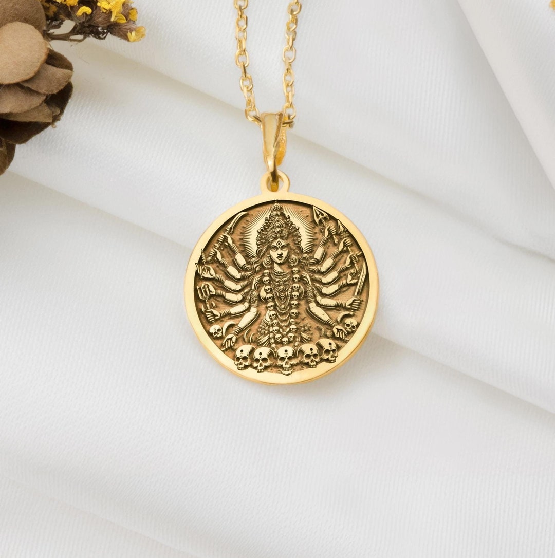 14K Solid Gold Shodashi Kali Charm Necklace, Kali Yantra Charm Pendant ...