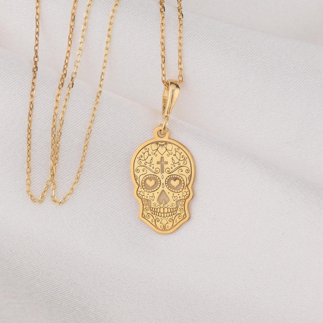 14K Solid Gold La Catrina Necklace - Dia De Los Muertos Skull Pendant ...