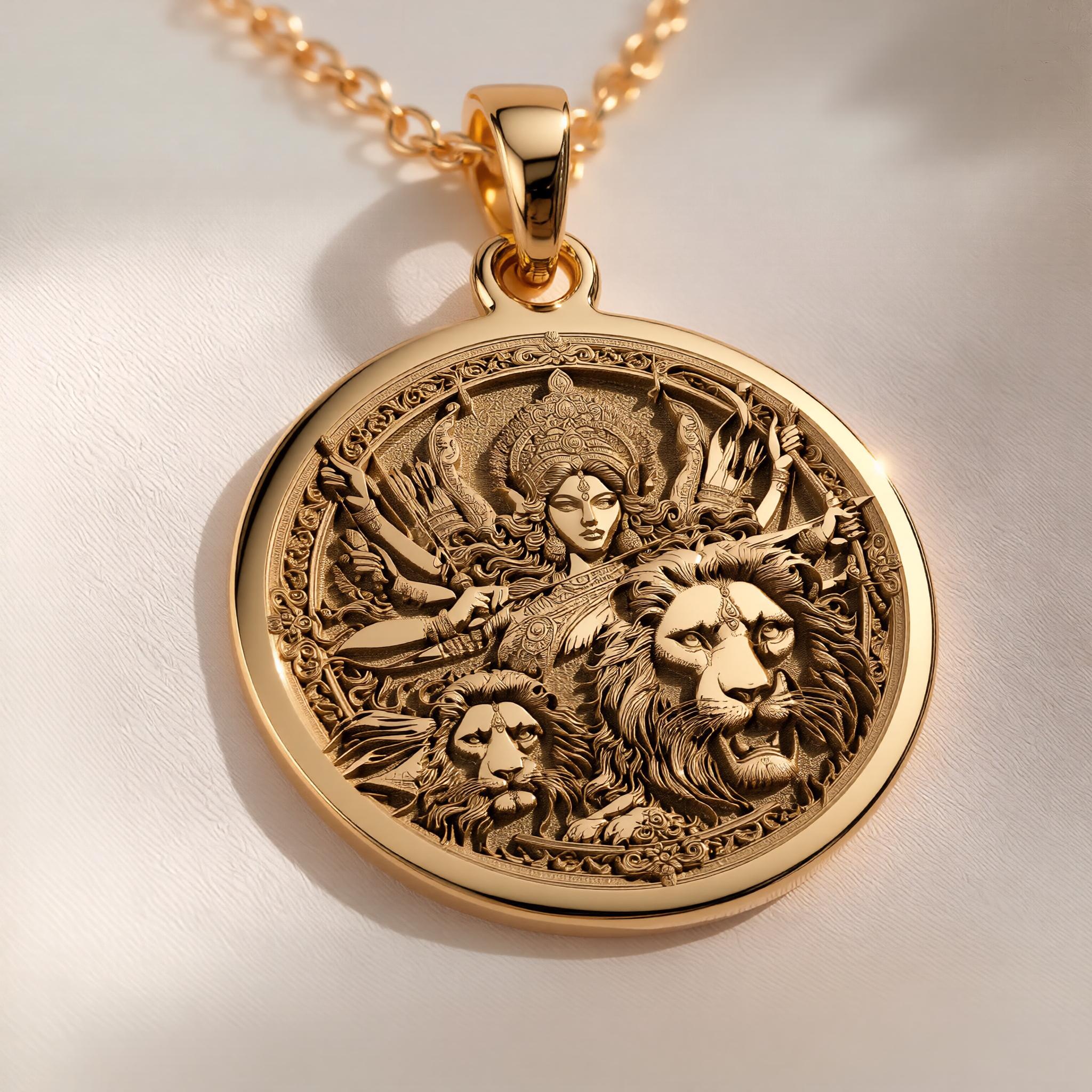 Durga Warrior Pendant: 14K Gold Ten Arms Weapon, Invincible Shakti Gem ...