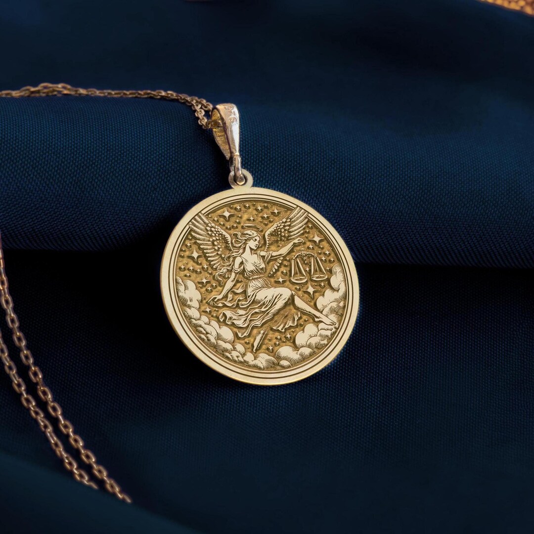 14K Solid Gold Libra Zodiac Coin Pendant - Celestial Scales Talisman - Etsy