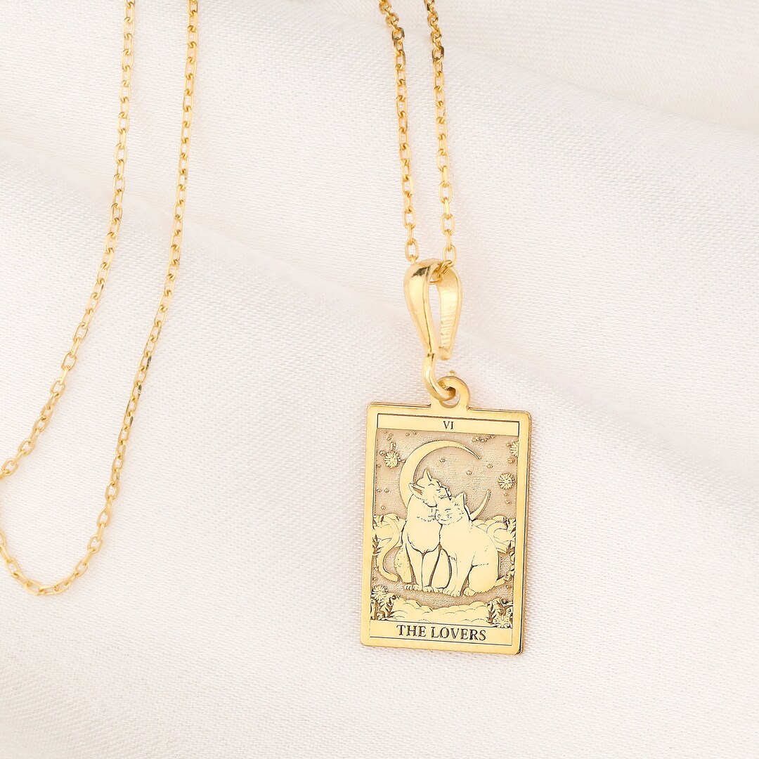 14K Solid Gold Cat Lovers Tarot , Cat Memorial Tarot Necklace , Real ...