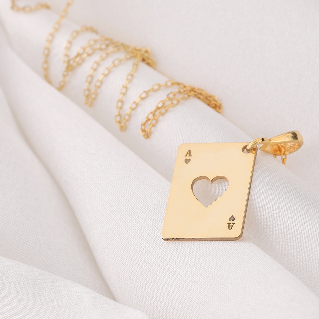 14 K Solid Gold Ace of Heart Necklace, Silver Ace of Hearts Charm Lucky ...