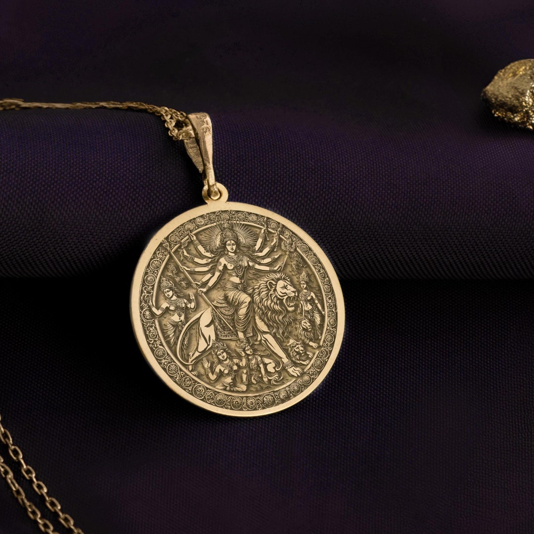 Durga Warrior Pendant: 14K Gold Ten Arms Weapon, Invincible Shakti Gem ...