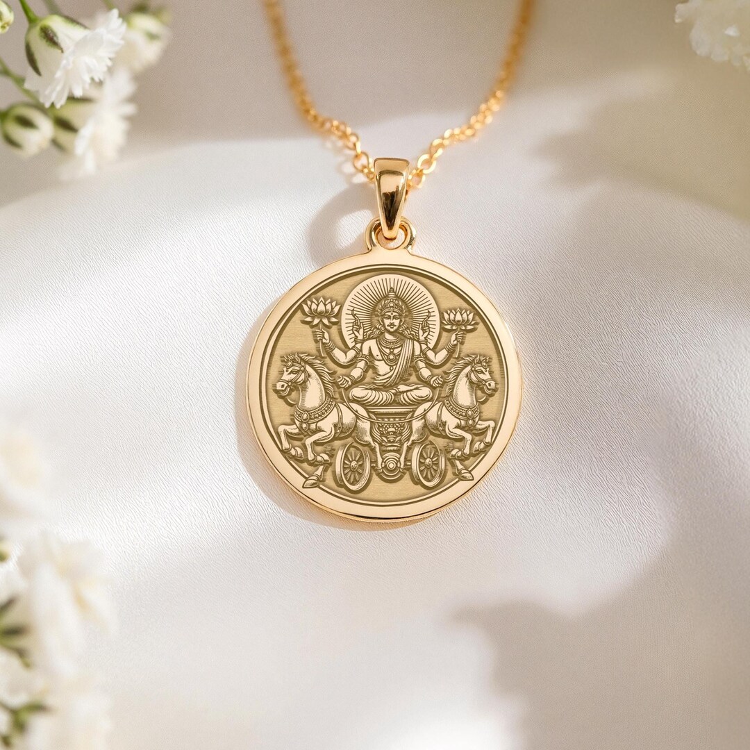 Surya Hindu Sun God Necklace, 14K Gold Handcrafted Talisman: Silver ...