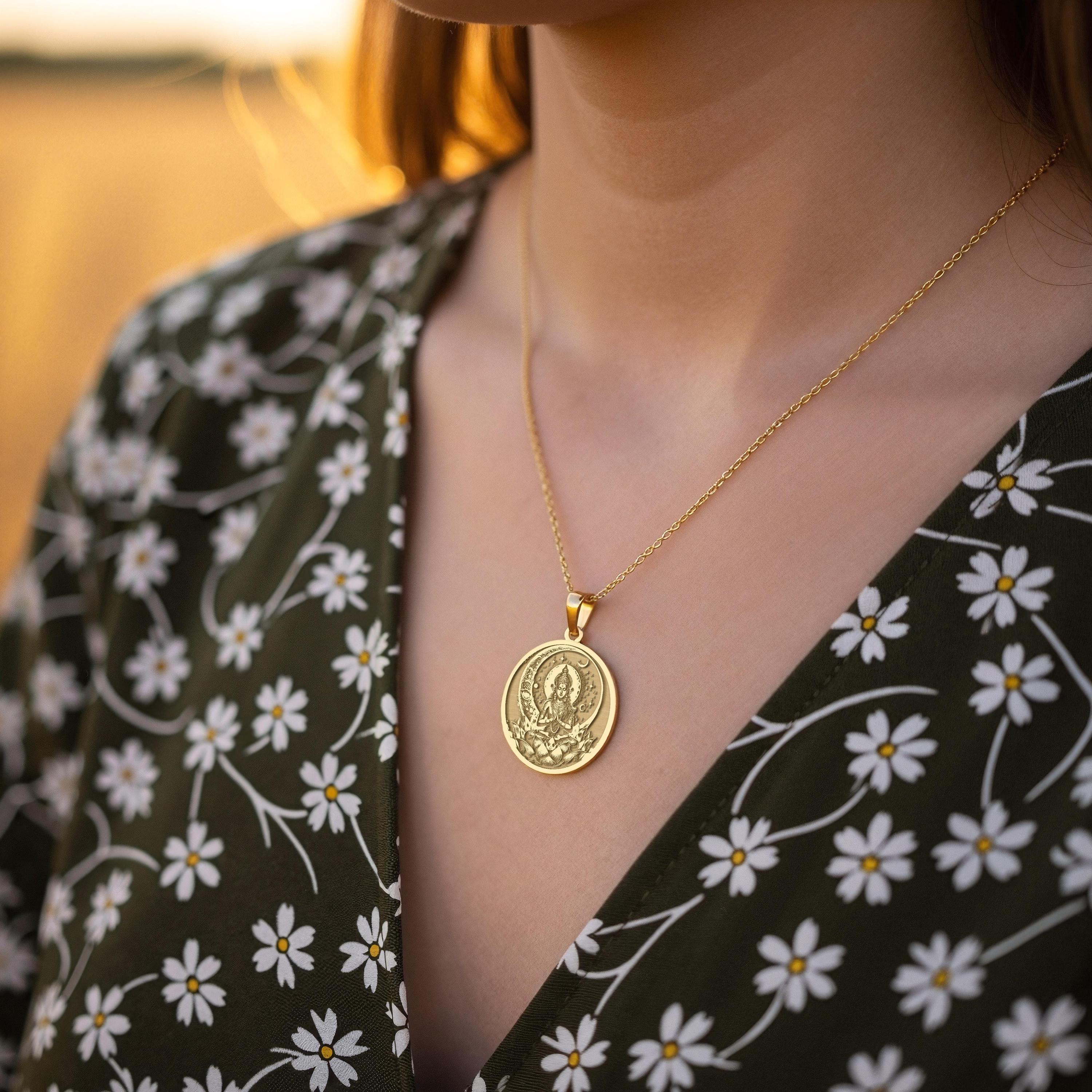 14K Solid Gold Chandra Moon Pendant - Vedic Astrology Antelope Chariot ...