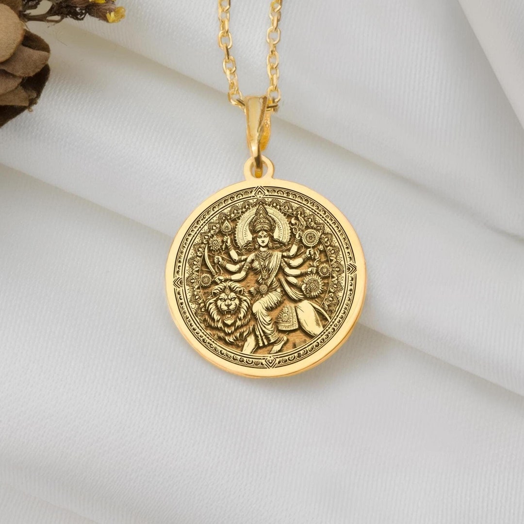 14K Solid Gold Durga Hindu Goddess Necklace, Major Hindu Goddess ...