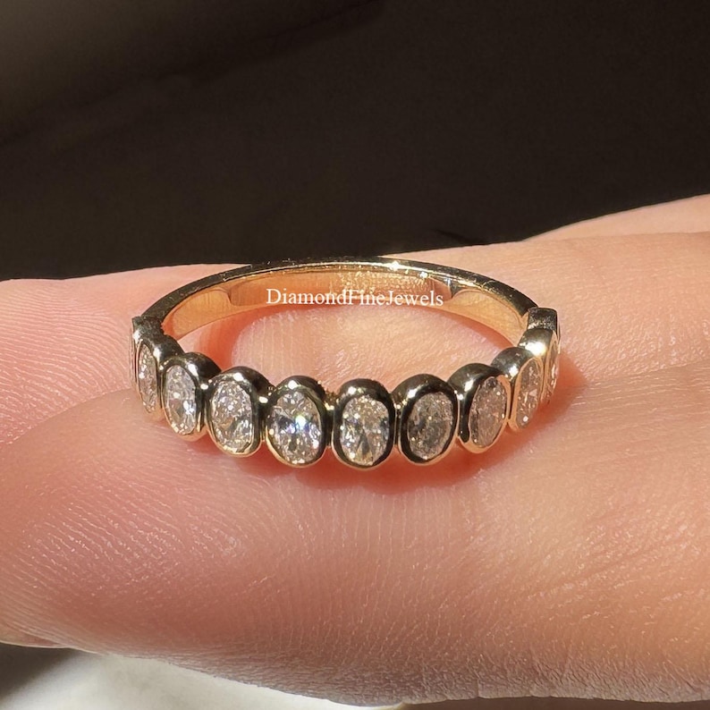 Bezel Set Oval Moissanite Half Eternity Wedding Band, Anniversary Ring ...