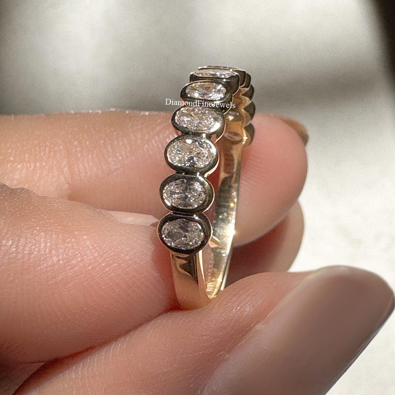 Bezel Set Oval Moissanite Half Eternity Wedding Band, Anniversary Ring ...