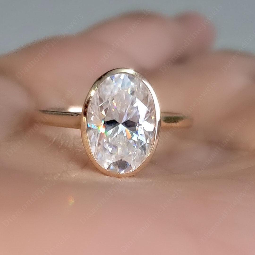 2.5CT Bezel Set Oval Moissanite Engagement Ring, Cathedral Setting ...