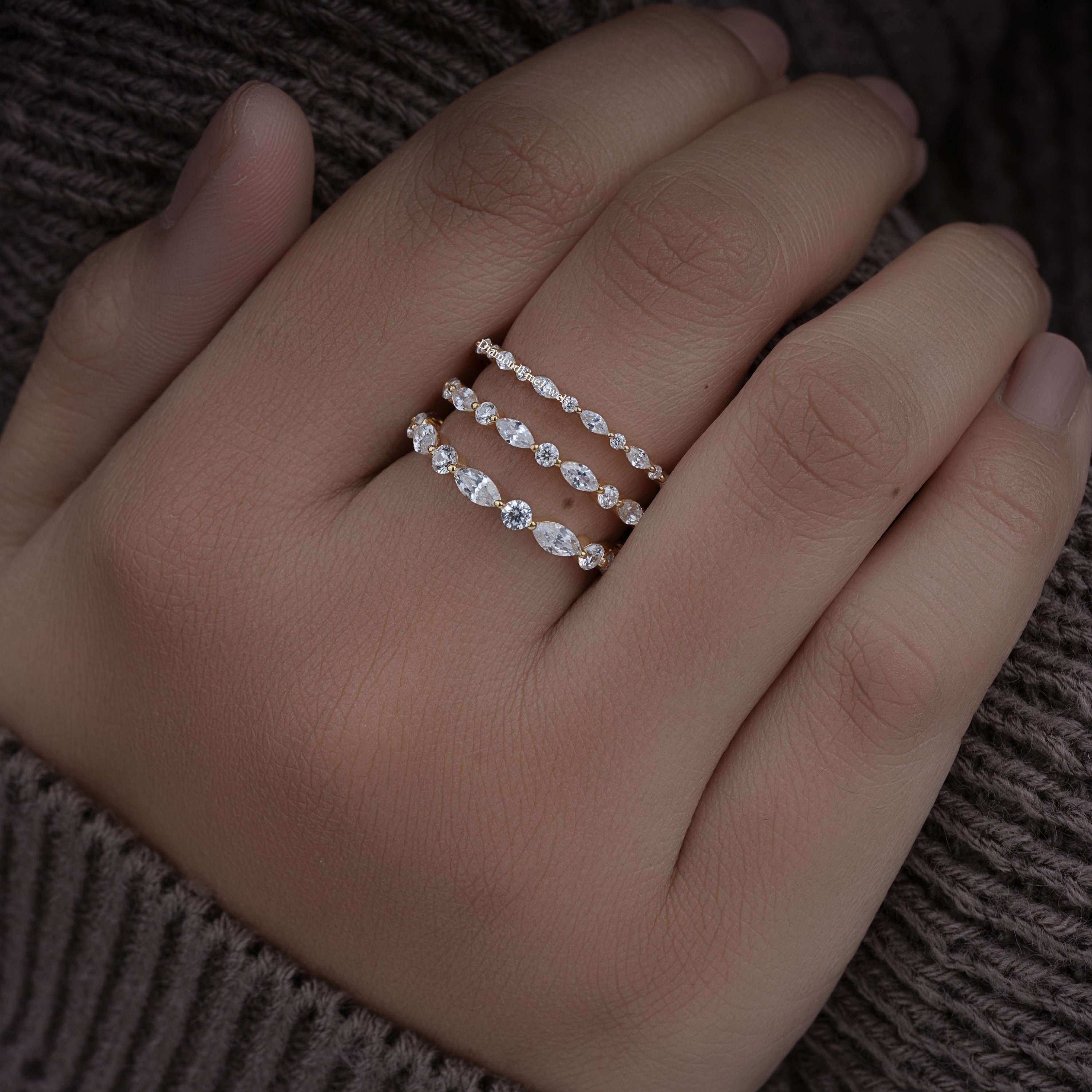 Alternating Marquise and Round Moissanite Wedding Band, 14K Eternity Band, Dainty Stackable Ring ...