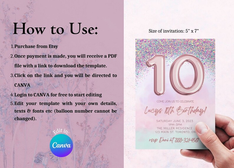 Editable Girls 10th Birthday Invitation, Template to Edit on Canva ...