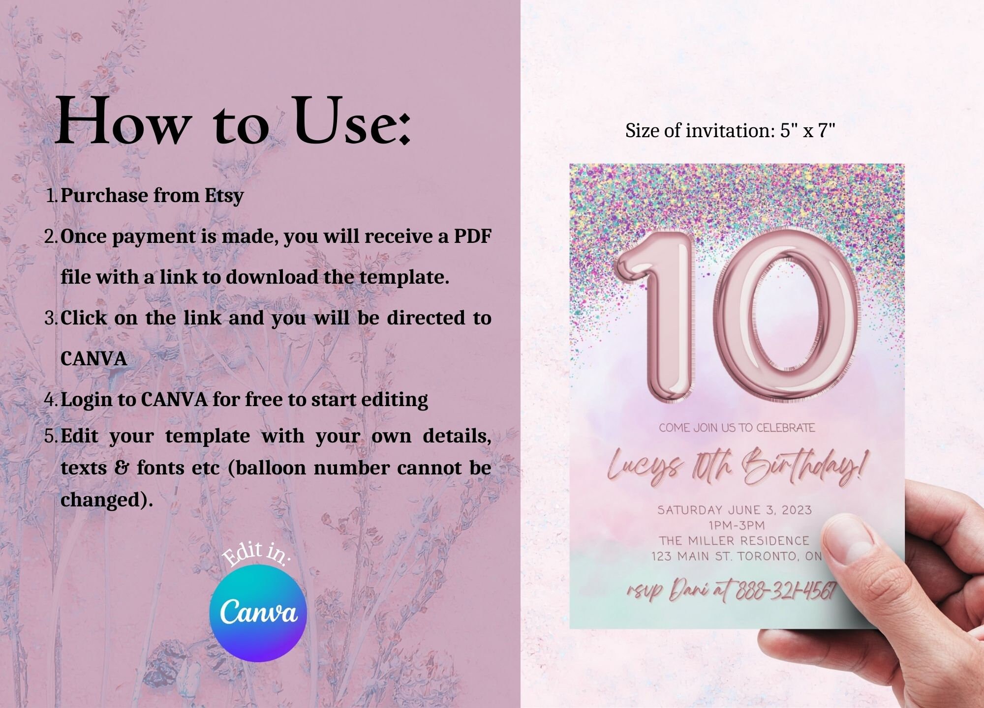 Editable Girls 10th Birthday Invitation, Template to Edit on Canva ...