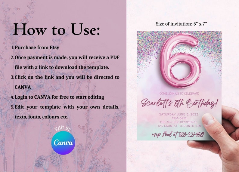 Editable Girls 6th Birthday Invitation Template to Edit in CANVA - Etsy