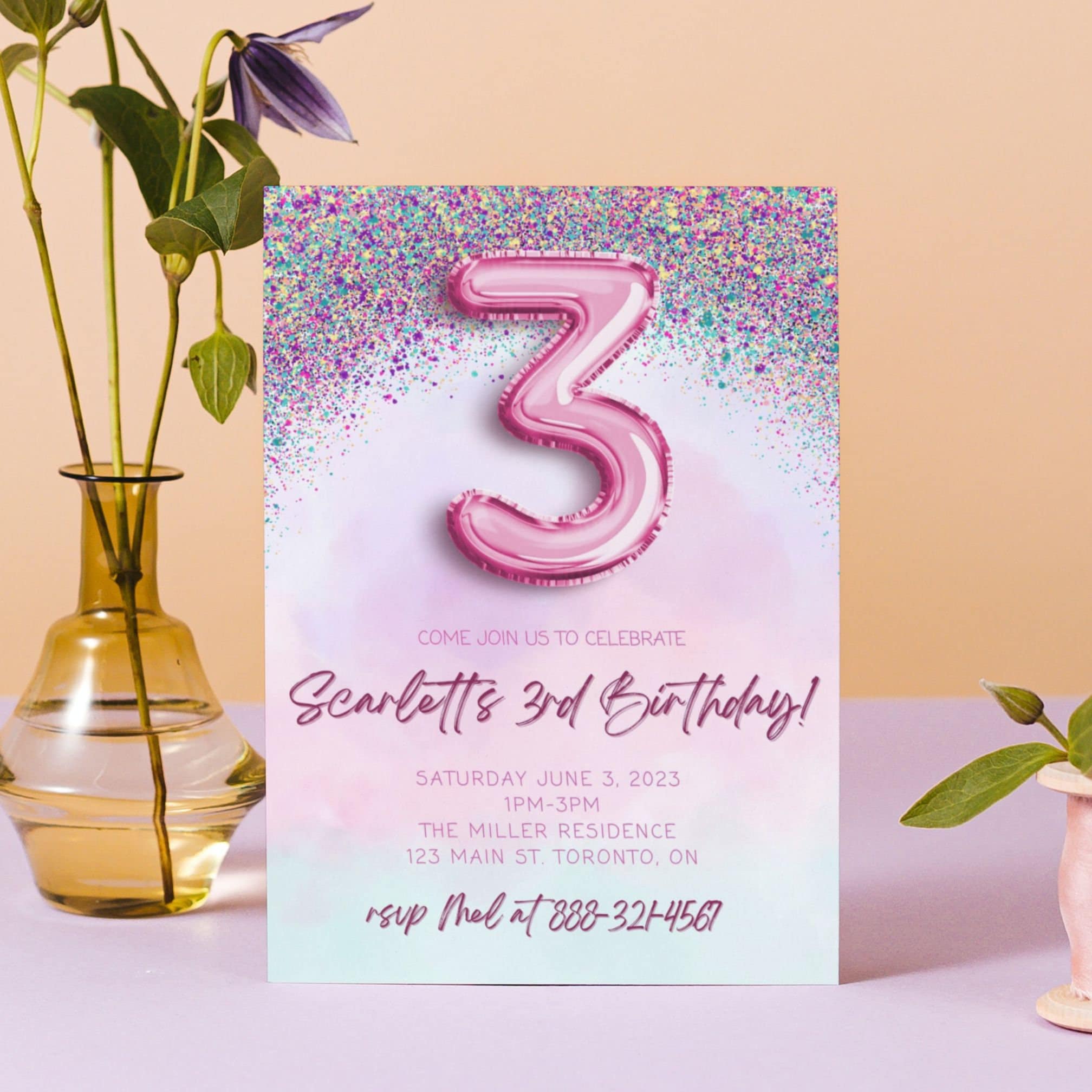 Editable Girls 3rd Birthday Invitation, Template to Edit on Canva ...