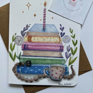 Book Lover Birthday Card | Watercolor Art | Stacks of Books With Candle ...