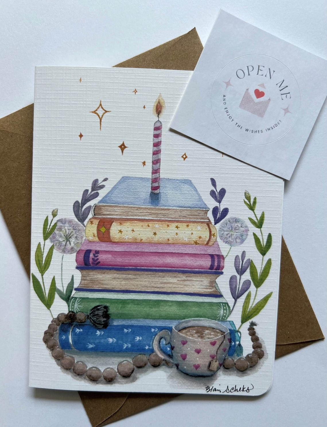 Book Lover Birthday Card | Watercolor Art | Stacks of Books With Candle ...