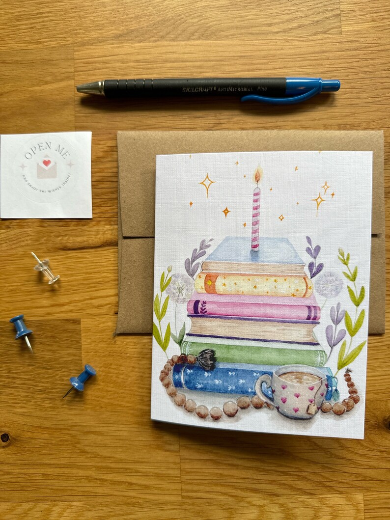 Book Lover Birthday Card | Watercolor Art | Stacks of Books With Candle ...