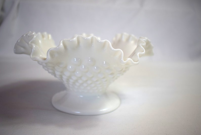 Vintage Fenton White Milk Glass Hobnail Double Ruffle Pedestal Bowl - Etsy