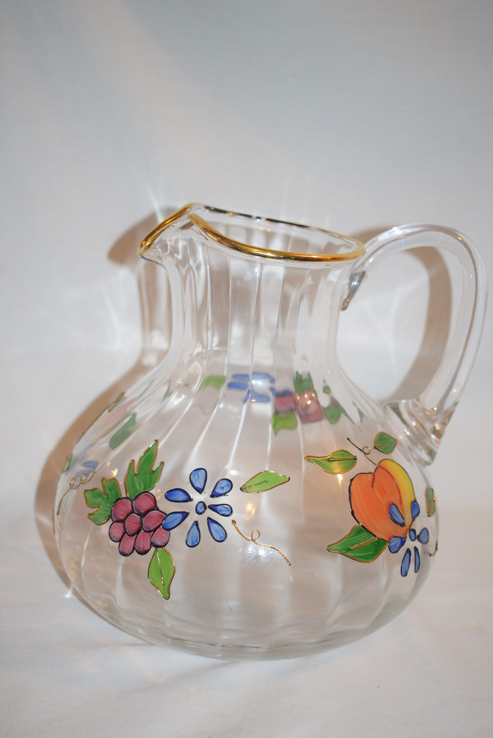 Vintage Romania Clear Crystal Glass Hand Painted Carafe Pitcher With ...