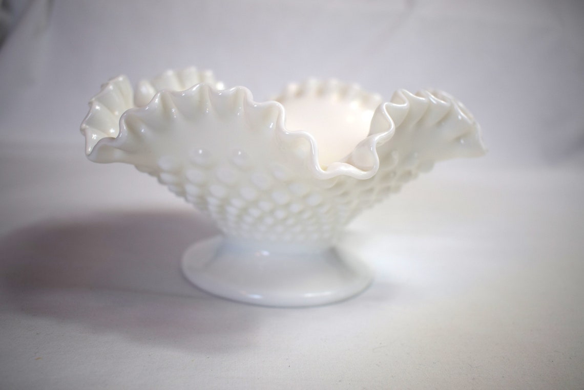 Vintage Fenton White Milk Glass Hobnail Double Ruffle Pedestal Bowl - Etsy