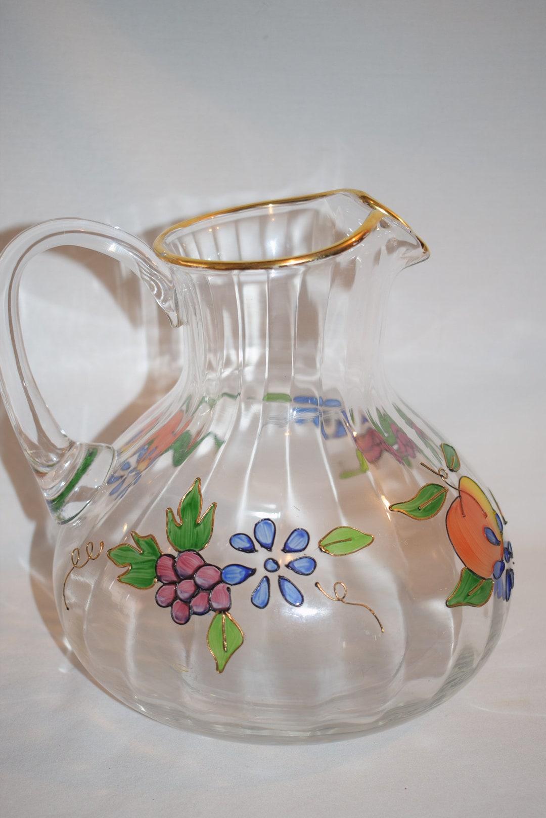 Vintage Romania Clear Crystal Glass Hand Painted Carafe Pitcher With ...