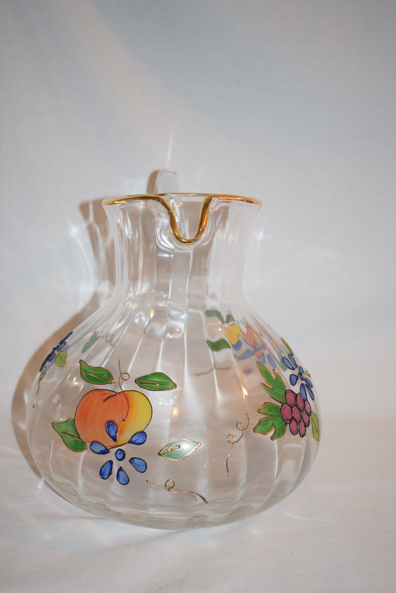 Vintage Romania Clear Crystal Glass Hand Painted Carafe Pitcher With ...