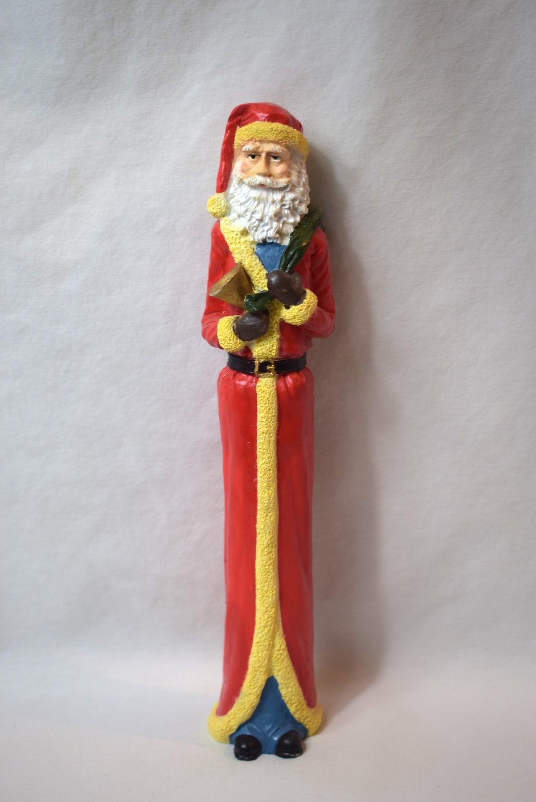 Vtg Christmas Folk Art Resin Skinny Santa Claus With Bell Figure Pencil ...