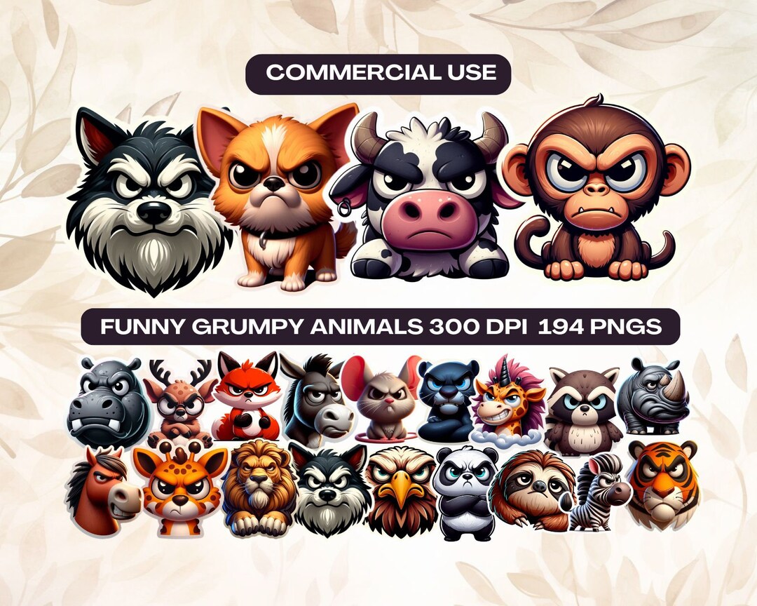 Funny Grumpy Animal Clipart Pack - Instant Download for Commercial Use ...