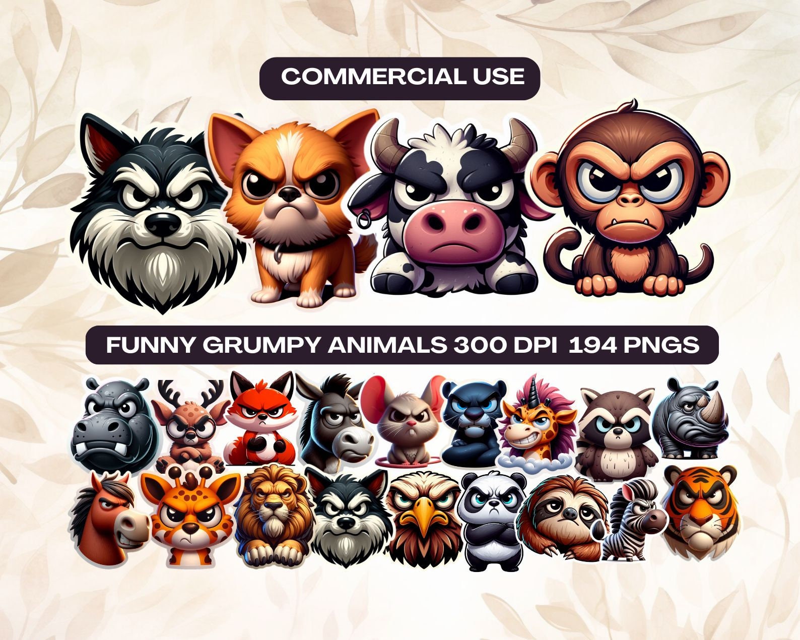 Funny Grumpy Animal Clipart Pack Instant Download for Commercial Use ...