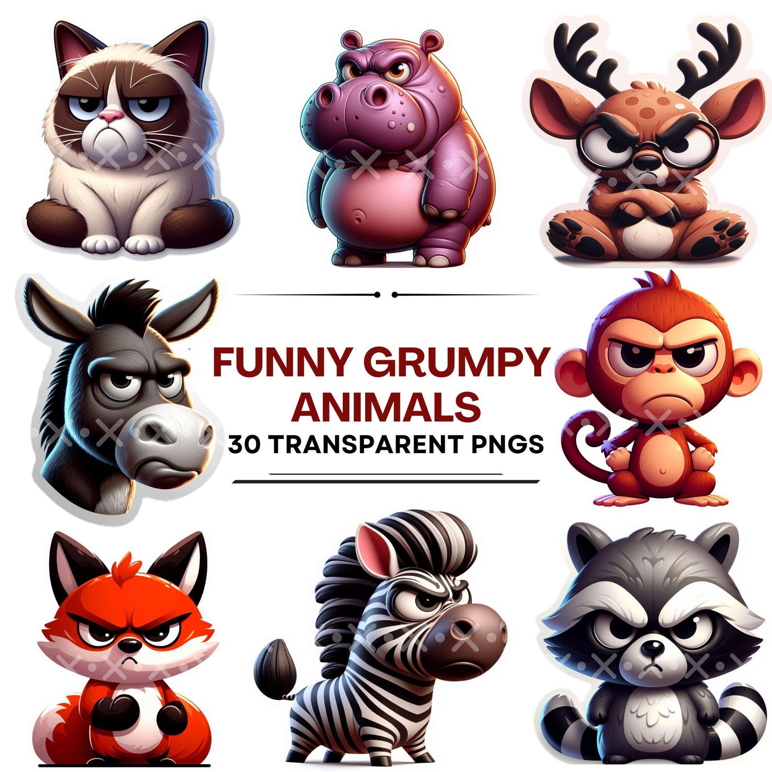 Funny Grumpy Animals Clipart, Cartoon Pet Pngs (30, Digital Download ...