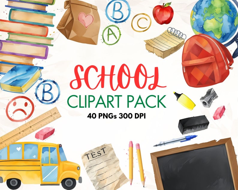 Watercolor School Clipart - Instant Download - Back to School - School ...