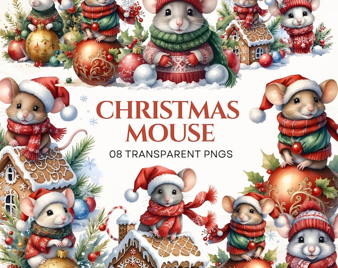 Christmas Mouse Watercolor Clipart, Holiday Scrapbook Images (digital ...