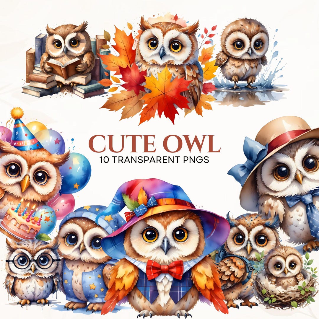 Cute Owl Clipart Bundle | 10 High-quality Pngs | Whimsical Nursery ...