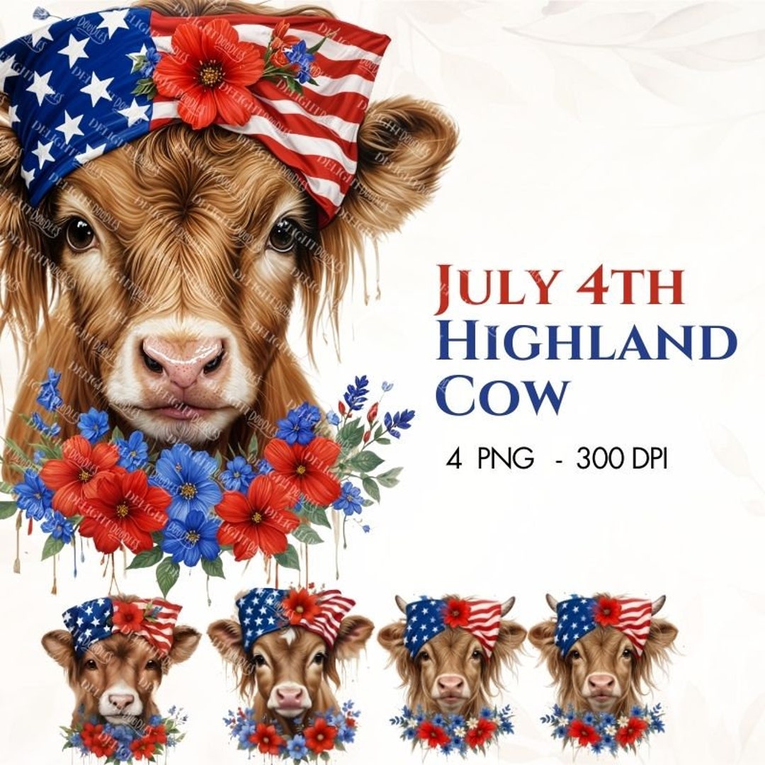 July 4th Highland Cow PNG, Cute Cow Fourth of July Sublimation Design ...