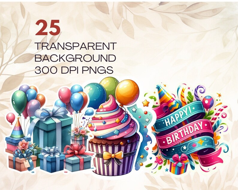 Watercolor Birthday Party Clipart Bundle 25 Pngs, Happy Birthday ...