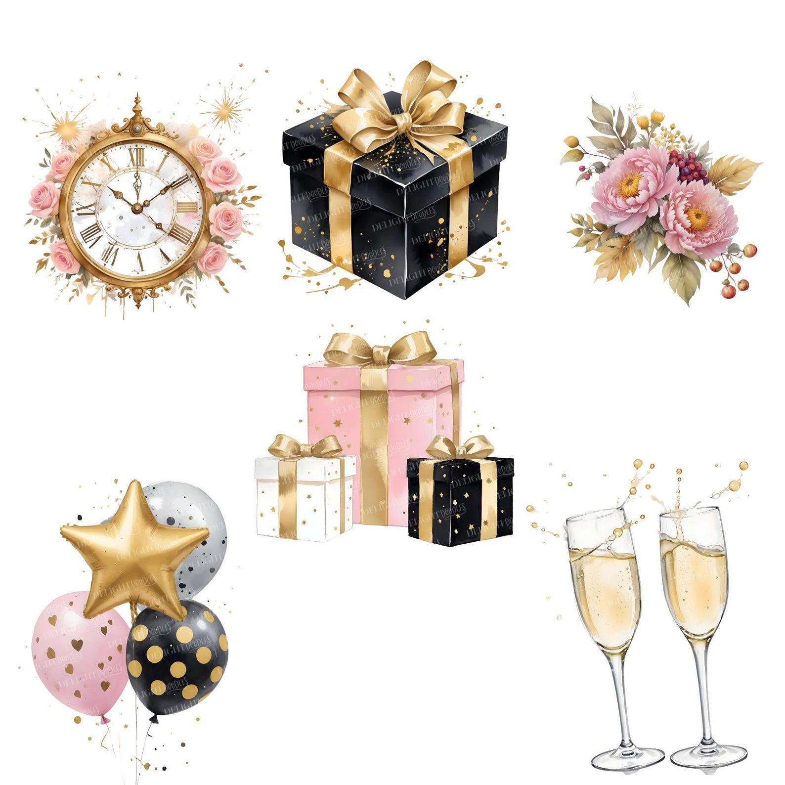 Watercolor New Year Clipart | Happy New Year Boho Cozy Party Pngs ...