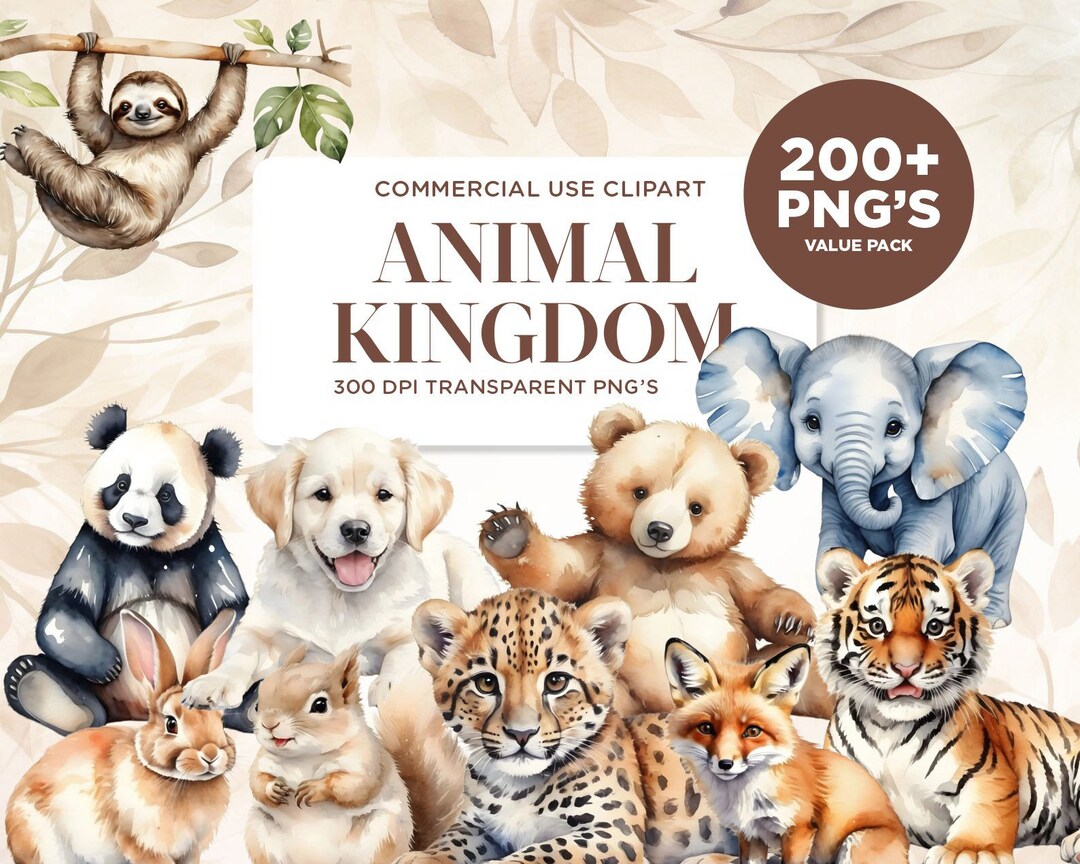 Watercolor Cute Animals Clipart Animals Kingdom, 200 Pngs, Cute Animal ...