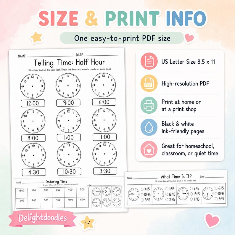 Telling Time Worksheets Bundle, Printable Clock Practice Pages (digital ...