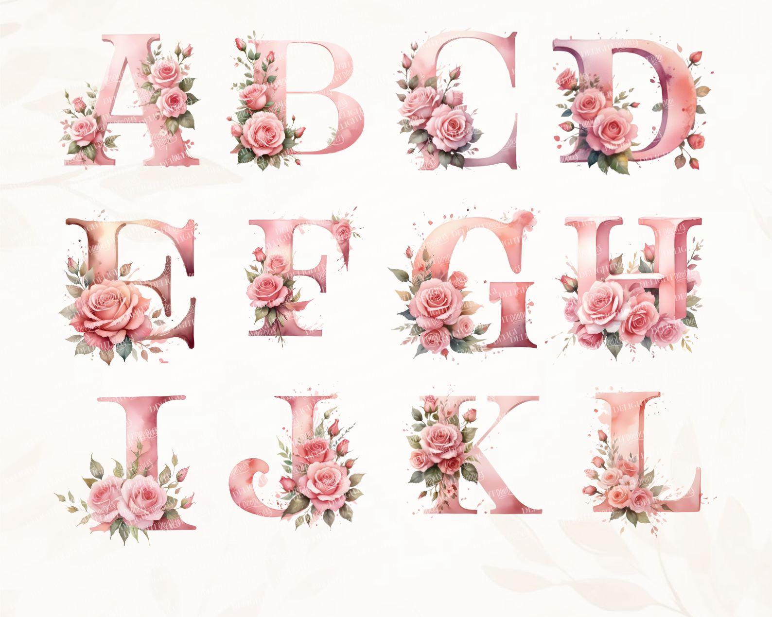 Alphabet Clipart - 37 PNG Pink Floral Letters Bundle, Baby Milestone ...