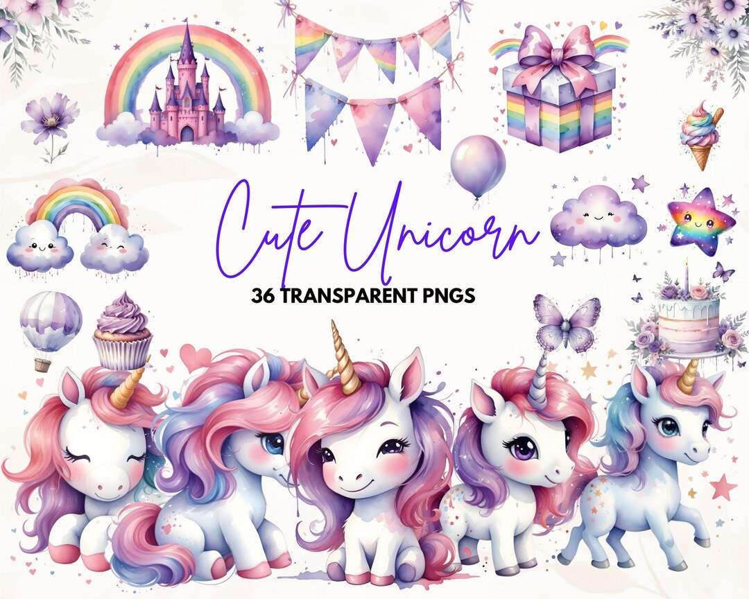 Watercolor Unicorns Clip Art, 36 Cute Unicorn Clipart Bundle, Rainbow ...