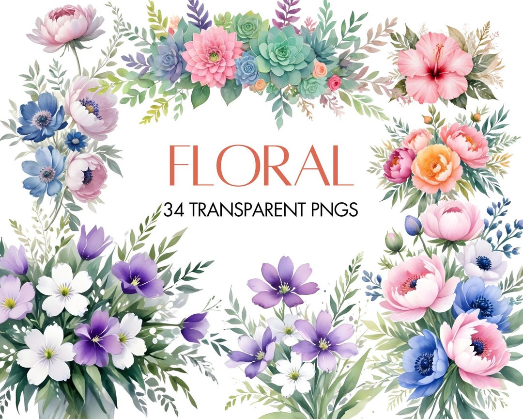 Set of 34 Watercolor Flower Designs | Floral Patterns, Flowers Digital ...