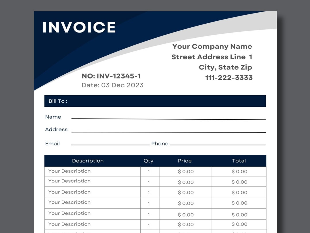 Editable Invoice PDF Template. Custom Invoice. Printable Invoice Form ...