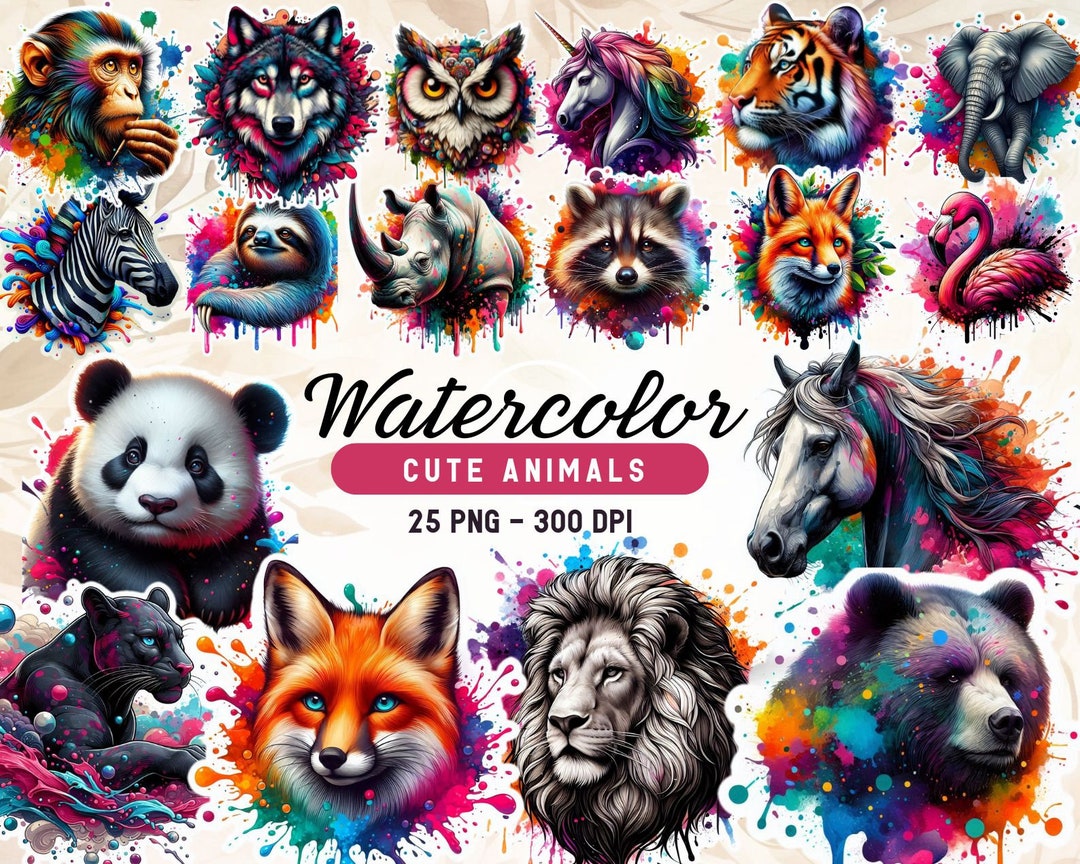Colorful Animal Clipart Set, Watercolor Rainbow PNG Graphics for ...
