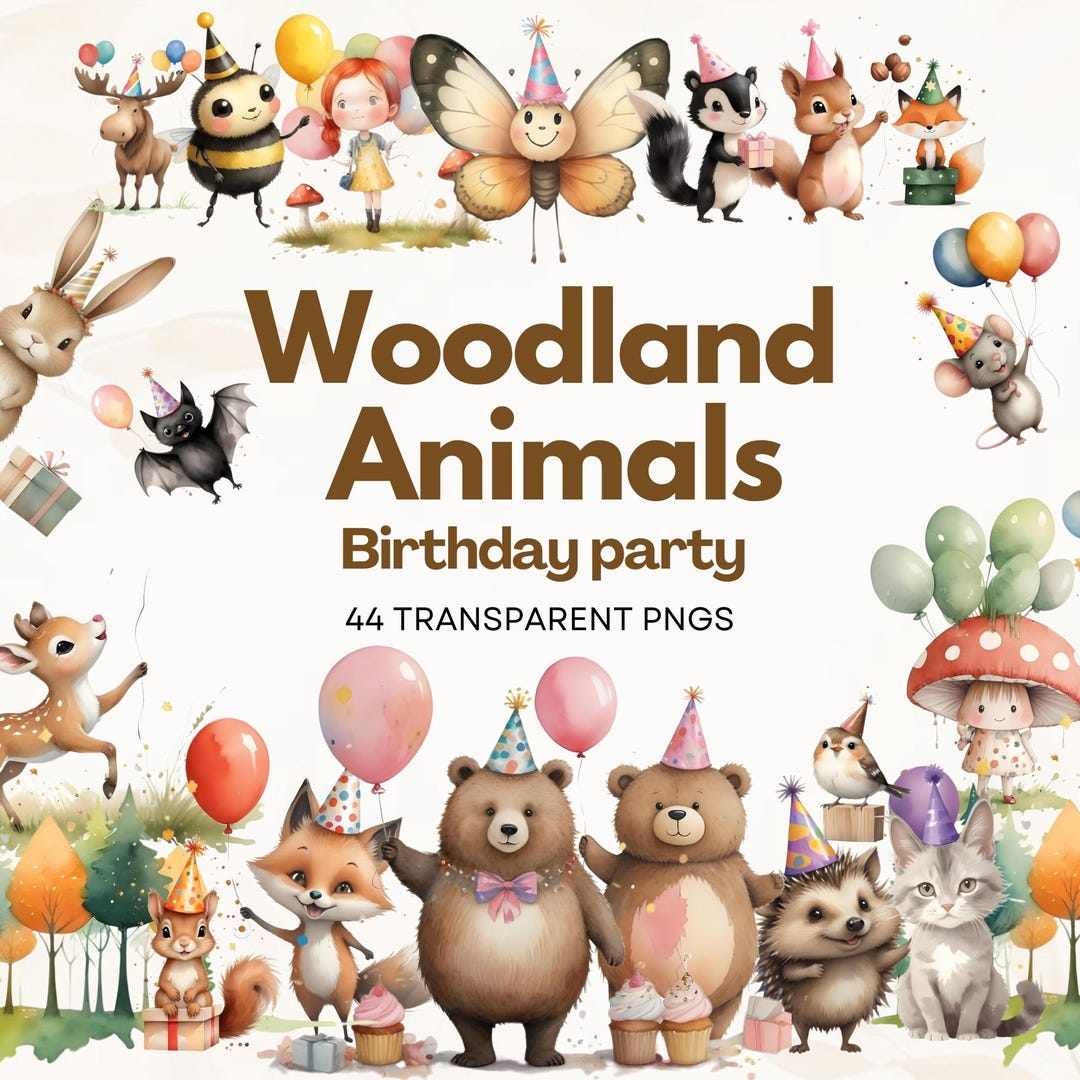 Woodland Animals Birthday Party Clipart 44 PNG, Watercolor Designs for ...