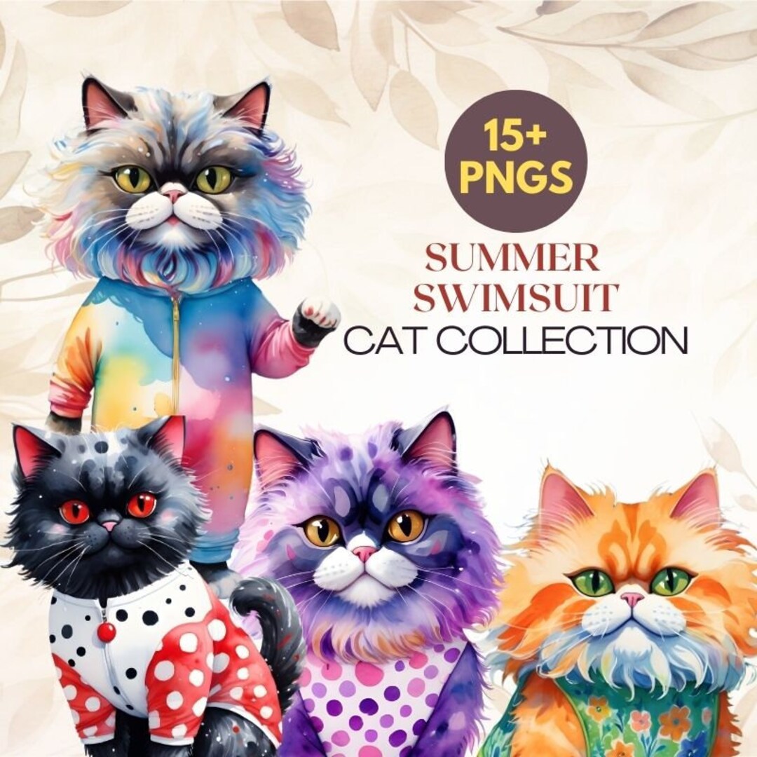 16 Unique Watercolor Cats in Colorful Summer Swimsuits High-quality ...