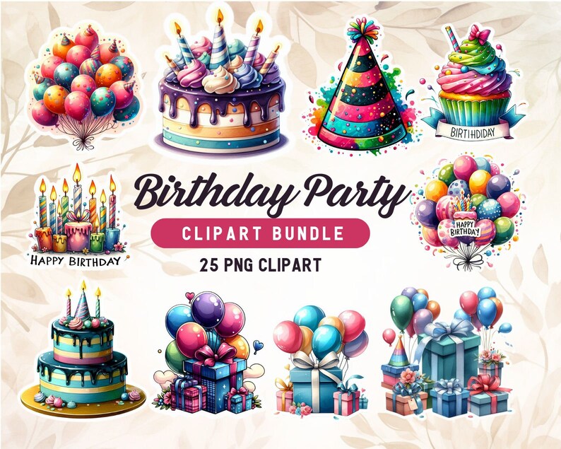 Watercolor Birthday Party Clipart Bundle 25 Pngs, Happy Birthday ...