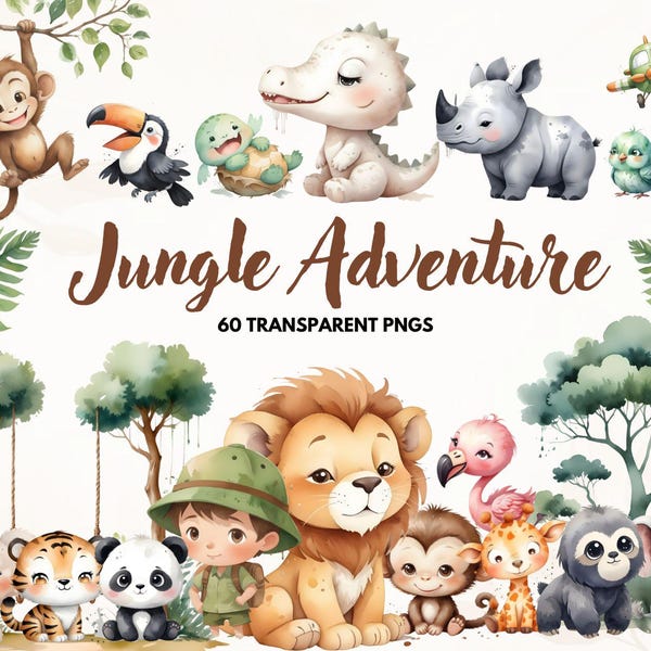 Jungle Adventure Clipart Bundle Safari Animals Clip Art, Safari Baby ...