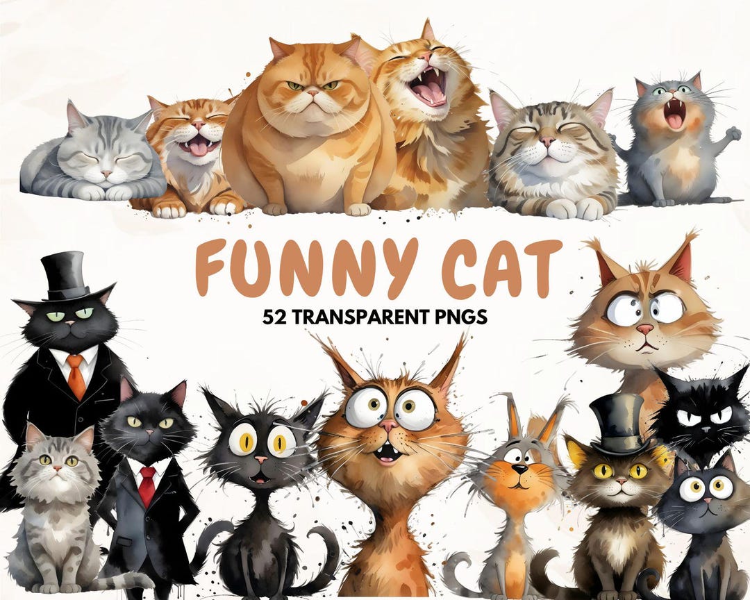53 Funny Cat Clipart Png, Cute Caricature Pets, Watercolor Quirky ...