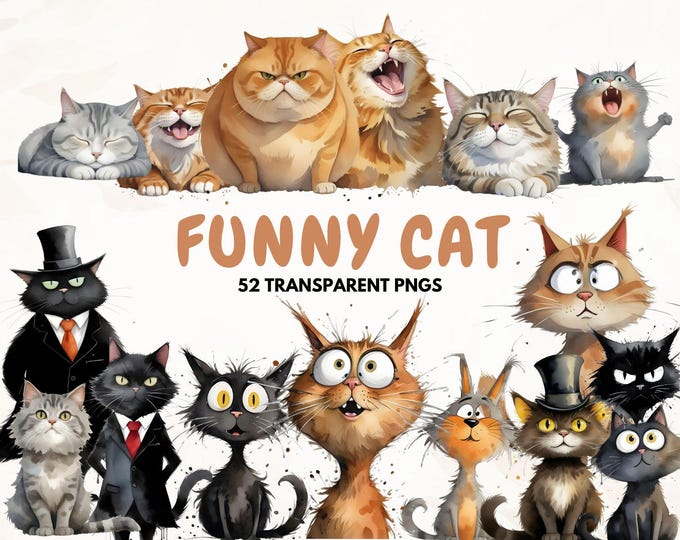 Cute Cat Clipart Bundle, Clip Art Set of 12 High Quality Pngs, Happy ...