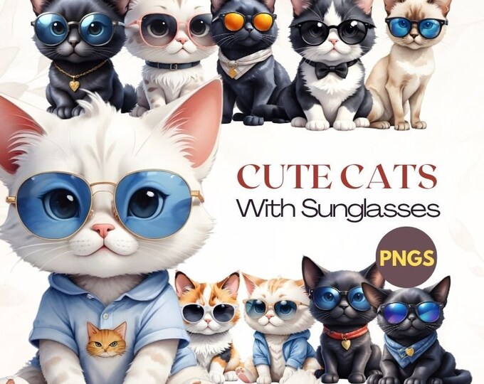 Cute Cat Clipart Bundle, Clip Art Set of 12 High Quality Pngs, Happy ...